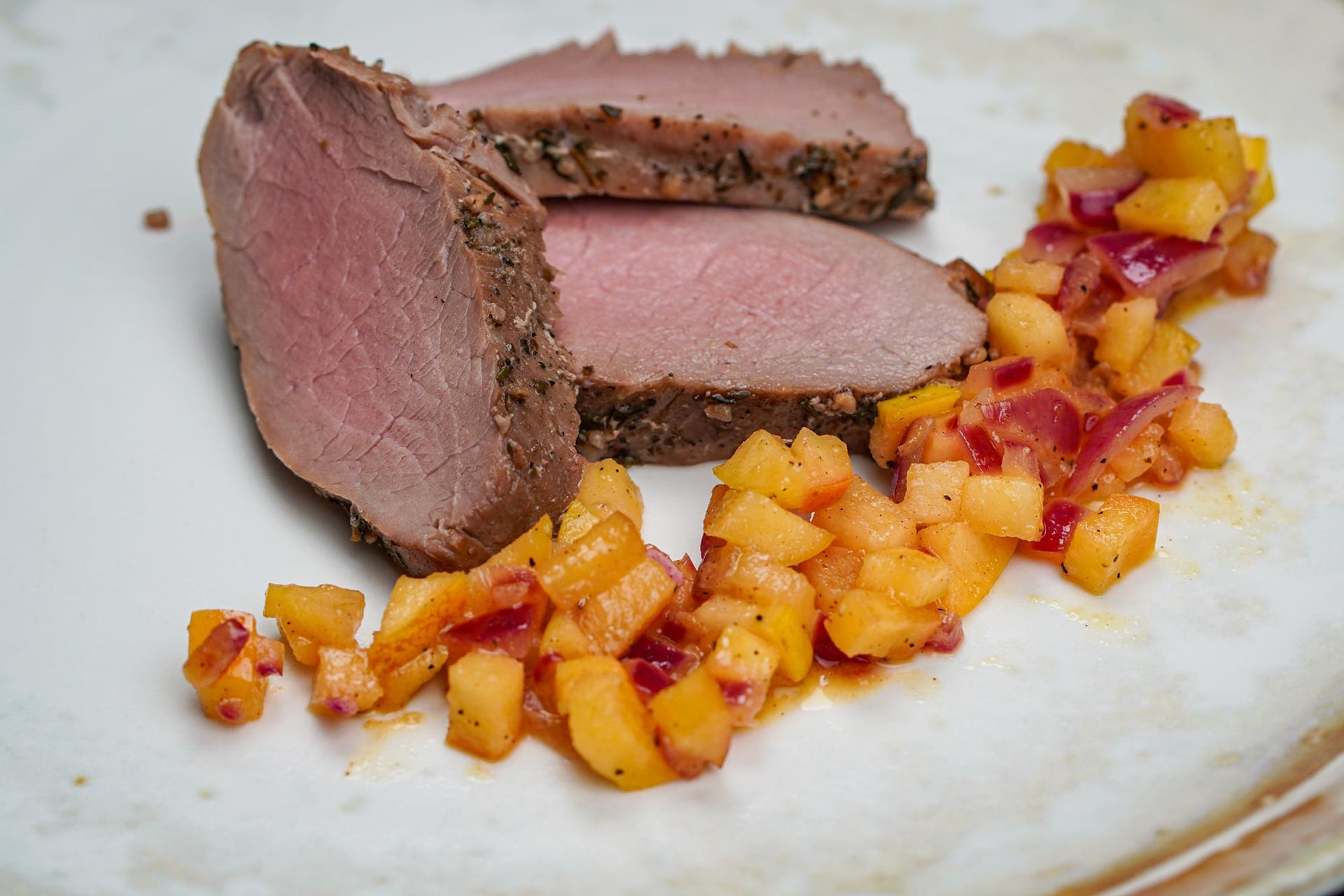 Cold-smoked pork fillet with apple and onion chutney
